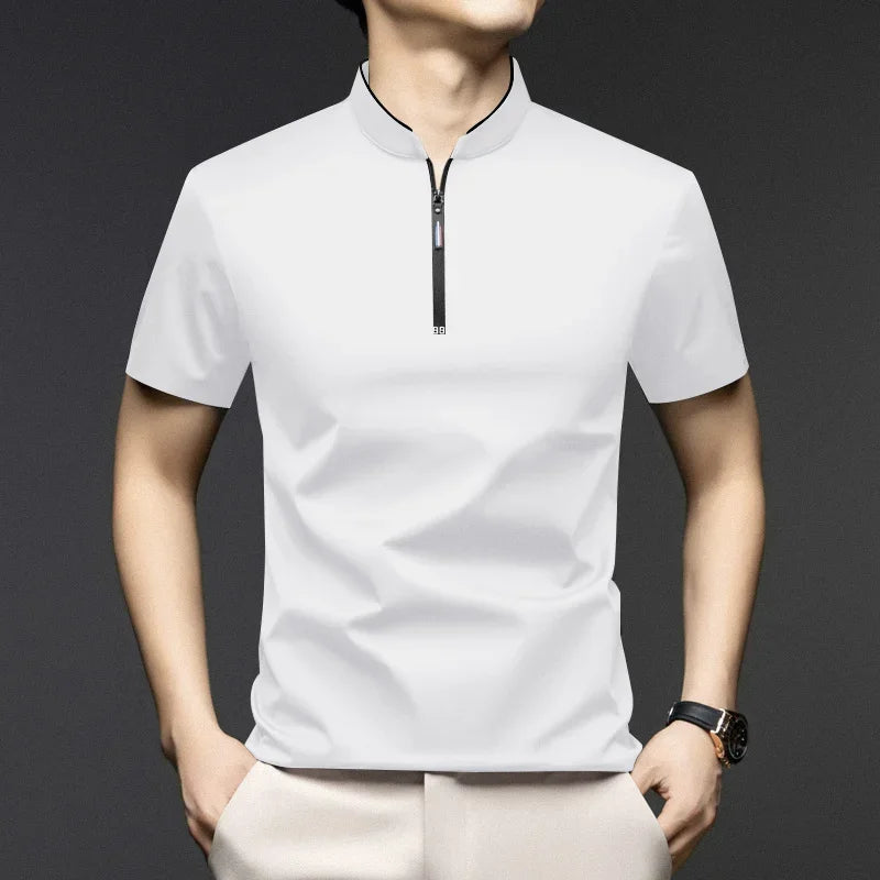2025 New Men's Casual Fashion Zipper Solid Color Short Sleeved Polo Sh ...