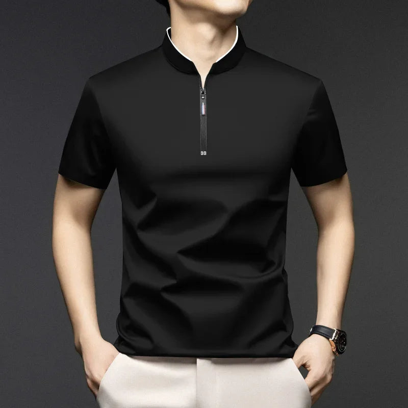 2025 New Men's Casual Fashion Zipper Solid Color Short Sleeved Polo Sh ...