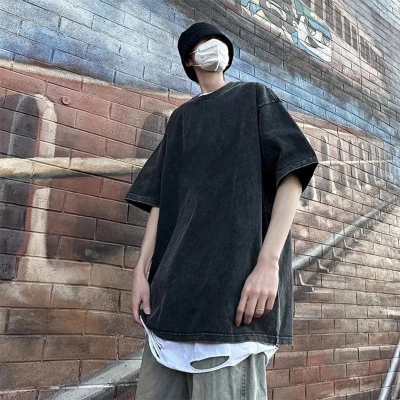 230G Cotton Retro T-shirt Drop-shoulder Sleeve Men Women Vintage Short ...