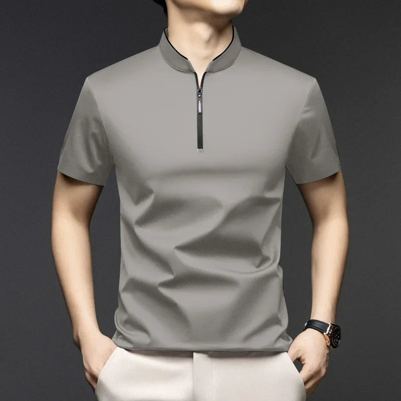 2025 New Men's Casual Fashion Zipper Solid Color Short Sleeved Polo Sh ...